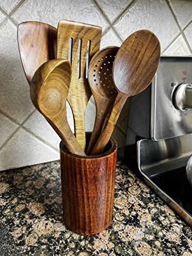 5 Piece Teak Wooden Cooking Spoons Set and Wooden Holder for Storage, Includes Spatulas, Ladle, Strainer, and Mixing Spoon