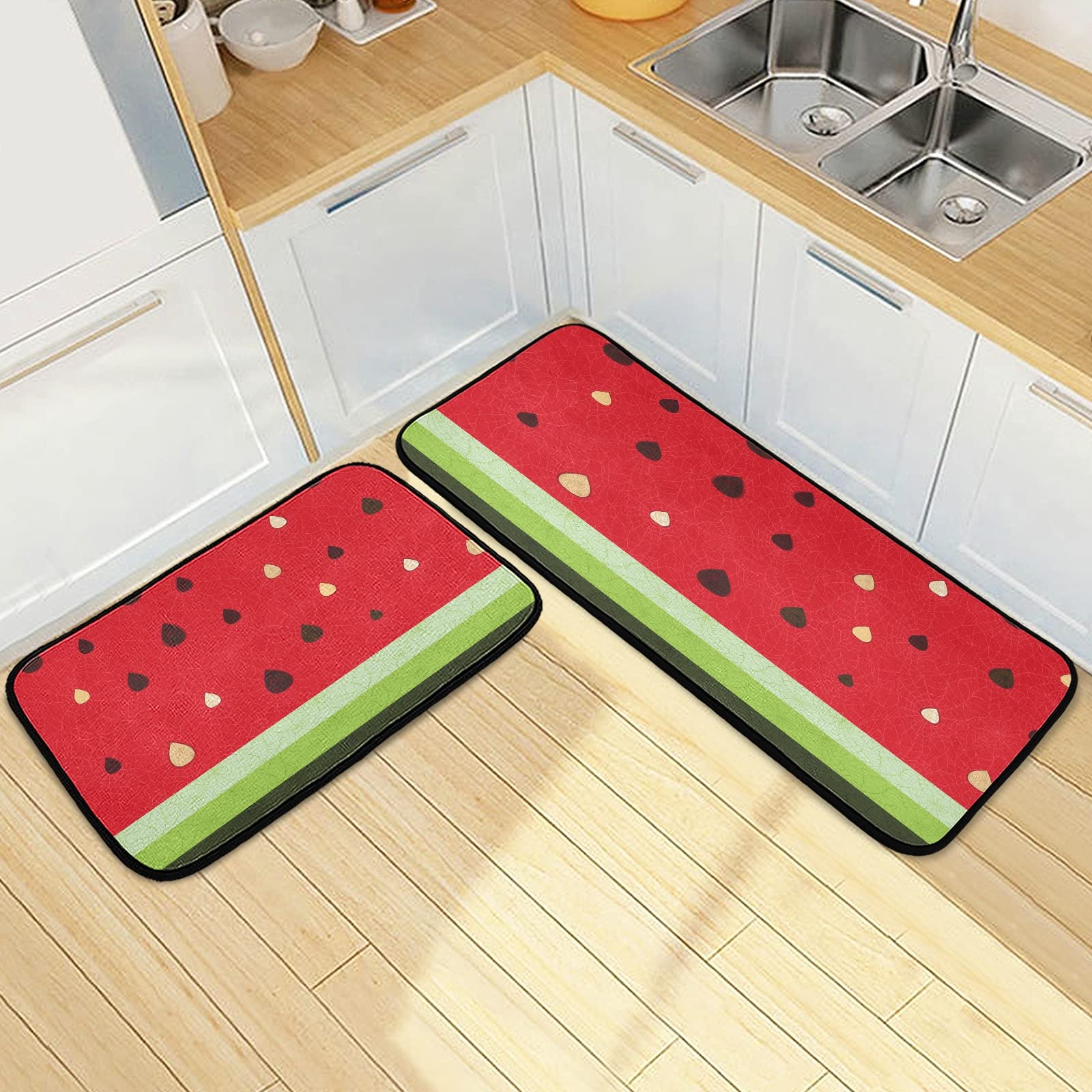 ALAZA Watermelon Red Fruit 2 Piece Kitchen Rug Floor Mat Set Runner Rugs Non-Slip for Kitchen Laundry Office 20" x 28" + 20" x 48"
