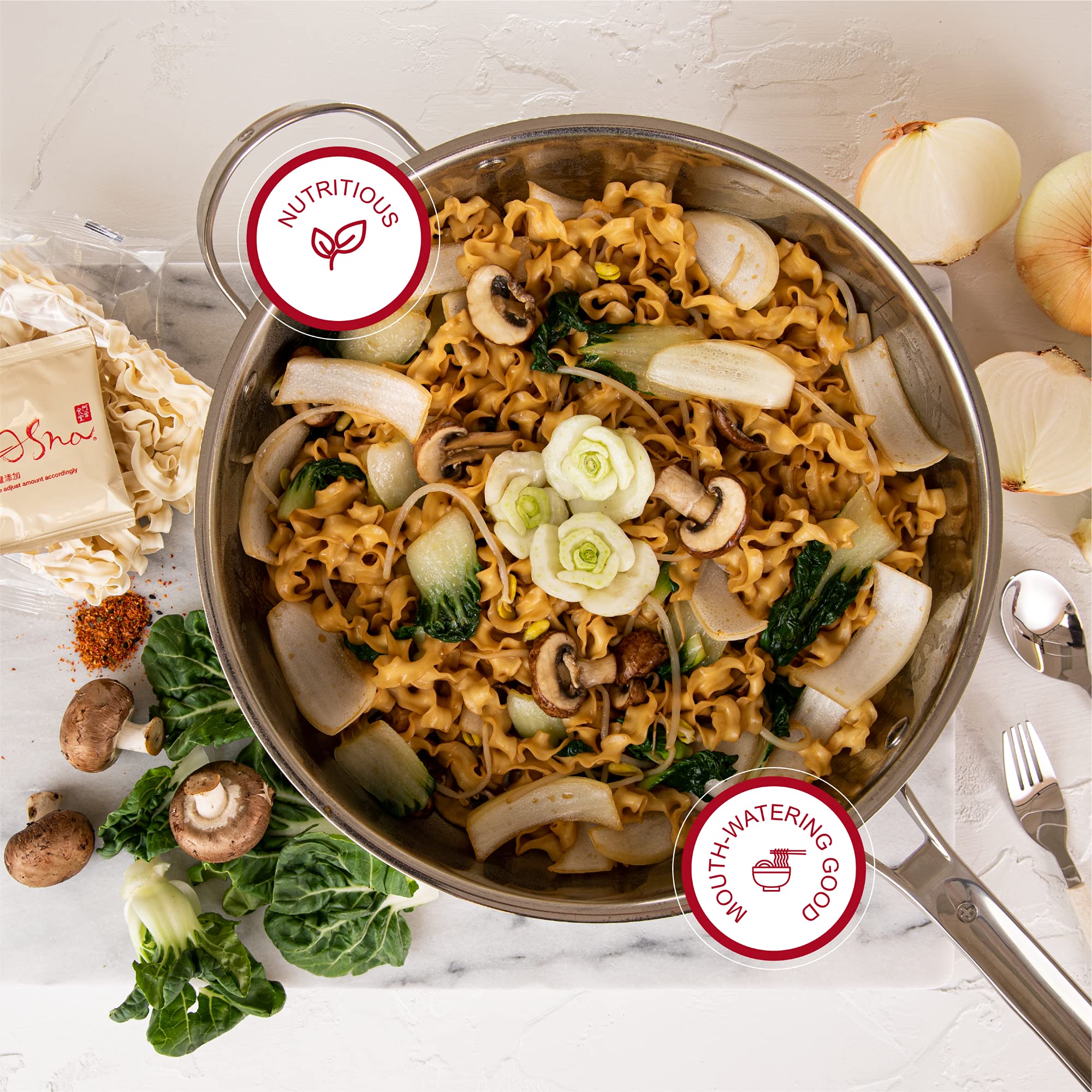 A-Sha Chewy Knife Cut Squiggly Noodles With Sesame Scallion Sauce - Healthy Ramen Noodles, 1 Bag(4 Servings)