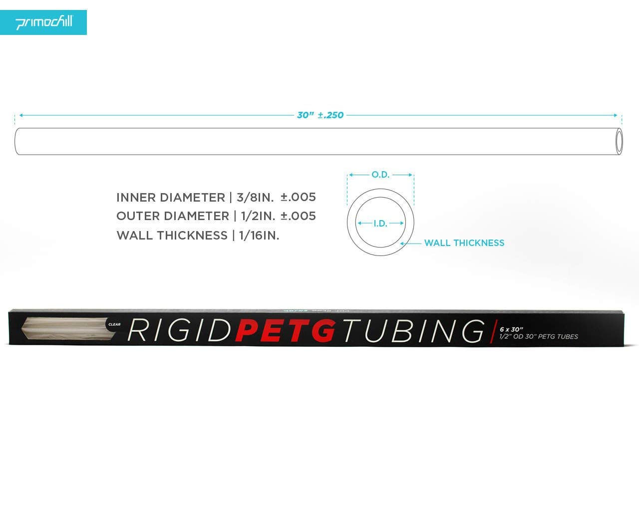 PrimoChill 3/8in. ID x 1/2in. OD Rigid PETG Tubing - 30 inches in Length (RTP12-630), Made with Premium Materials, Excellent Beginner Hardline for PC Watercooling, Made in the USA - 6 Pack - Clear