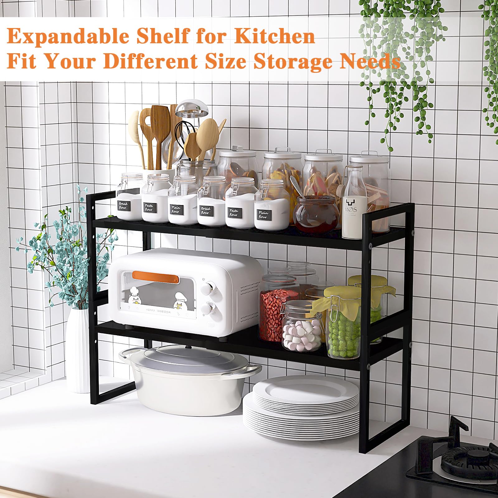 DOLALIKE Expandable kitchen Countertop Organizer, Stackable Cabinet Shelf Organizers, Space Saving Spice Rack Pantry Storage for Bathroom Office Organization (Black, 2 Pack)