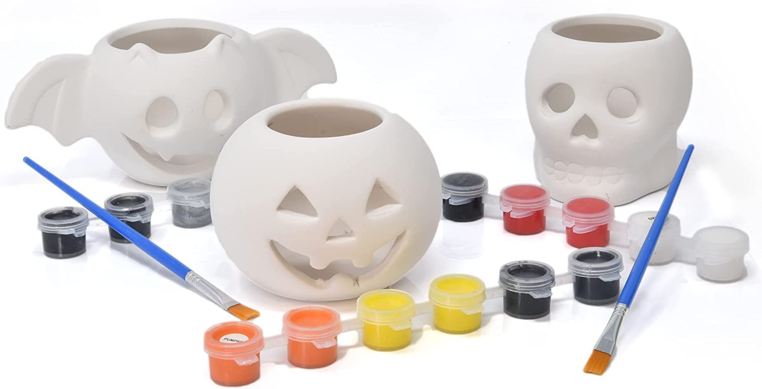 Gift Boutique Ceramic Pumpkins Skull Bat Figurines Paint Craft Kit Set of 6 Unpainted Ceramics Pumpkin Ready to Paint for Kids Classroom Fall Halloween Party Decor