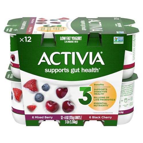 Activia Black Cherry and Mixed Berry Probiotic Yogurt, Delicious Lowfat Yogurt Cups to Help Support Gut Health, 12 Ct, 4 OZ