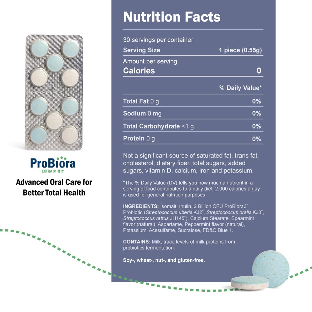 ProBiora Oral-Care Chewable Probiotic Tablets | Probiotic Supplement for Women & Men | Healthier Teeth & Gums | Fresher Breath | Whiter Teeth | Better Overall Health (30 Count, Extra Minty)