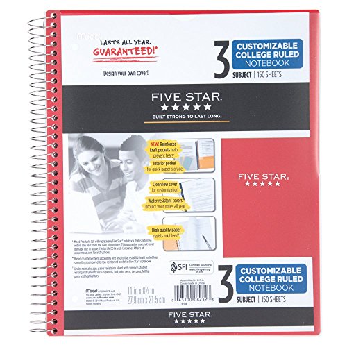 Five Star Spiral Notebook, 3 Subject, College Ruled Paper, 150 Sheets, 11" x 8-1/2, Customizable Cover, Color Selected For You, 1 Count (08232)