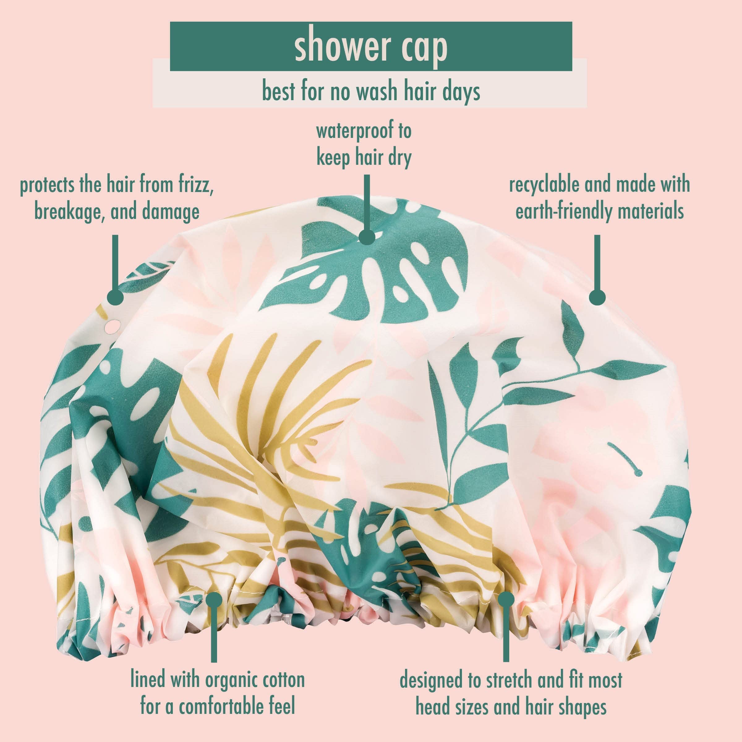 EcoTools Shower Cap, Organic Cotton Lining, Perfect For No-Wash Days, Fits All Head Sizes & All Hair Textures, Reusable & Waterproof, Protects Scalp, Eco-Friendly, Cruelty-Free, & Vegan, 1 Count