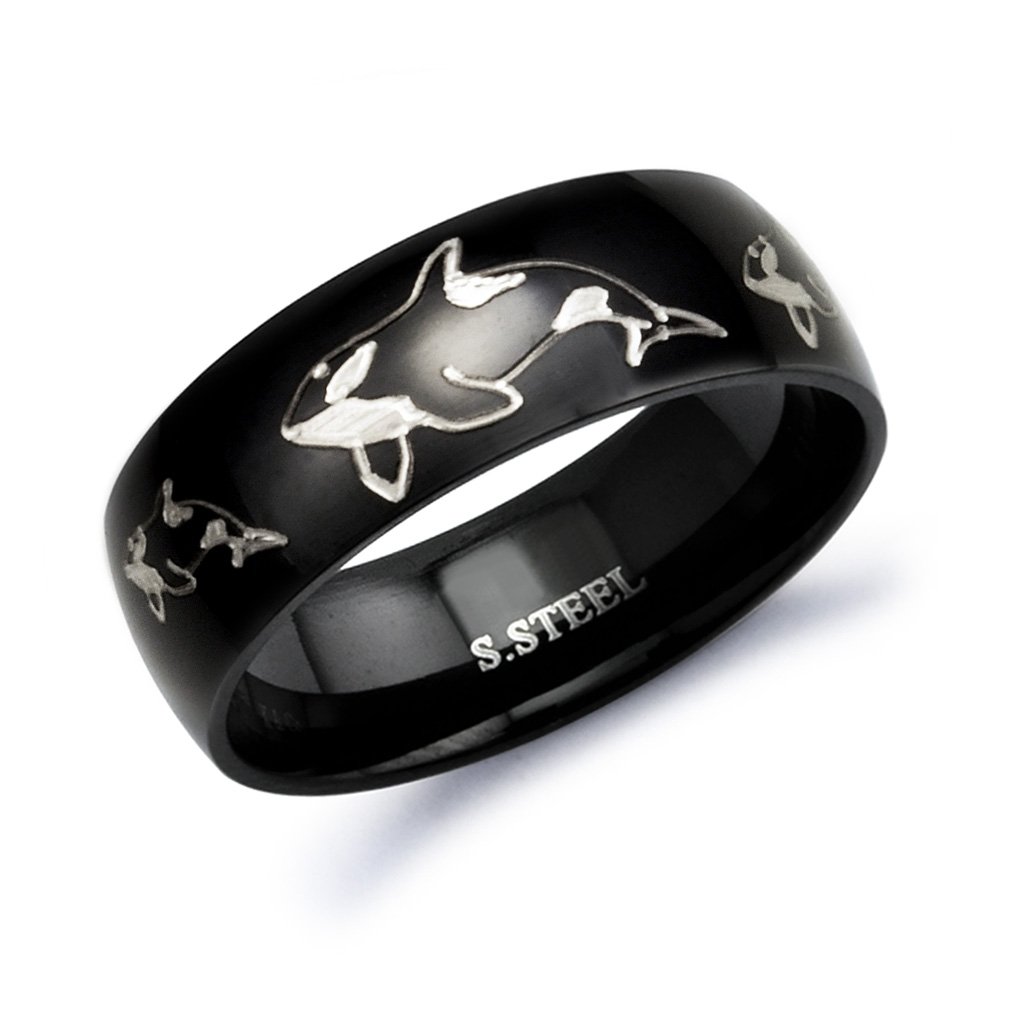 8mm Black Plated Stainless Steel Ring with Engraved Orca Killer Whale Design Sizes 5 to 15 (6)