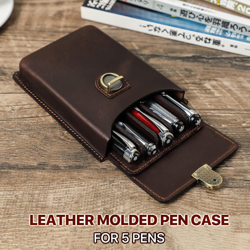 Hiram Handmade Crazy Horse Cowhide Leather Pen Storage Organizer with Plug-in Brass Lock,Genuine Leather 5 Slots Molded Pen Collection Display Case with Removable Pen Tray-Coffee