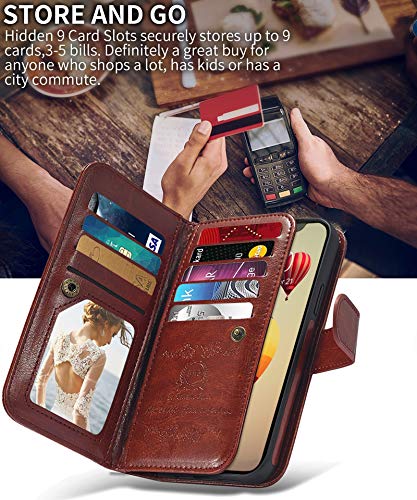 CASEOWL Wallet Case Compatible for iPhone 12/12 Pro, Magnetic Detachable Slim Case with 9 Card Slots, Hand Strap,Compatible for iPhone 12/12 Pro 6.1 inch 2020, 2 in 1 Folio Leather Wallet Case(Brown)