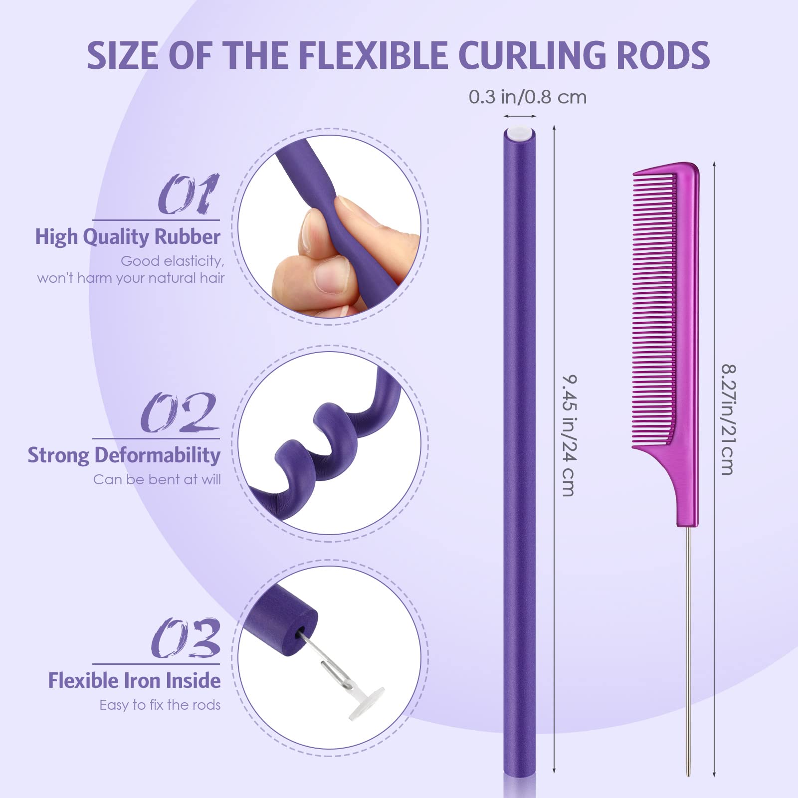 60 Pieces Flexible Curling Rods and Hair Curlers Rollers Set - Twist Rods for Long and Short Hair, No Heat Required (Purple, 0.3 x 9.5 Inch)