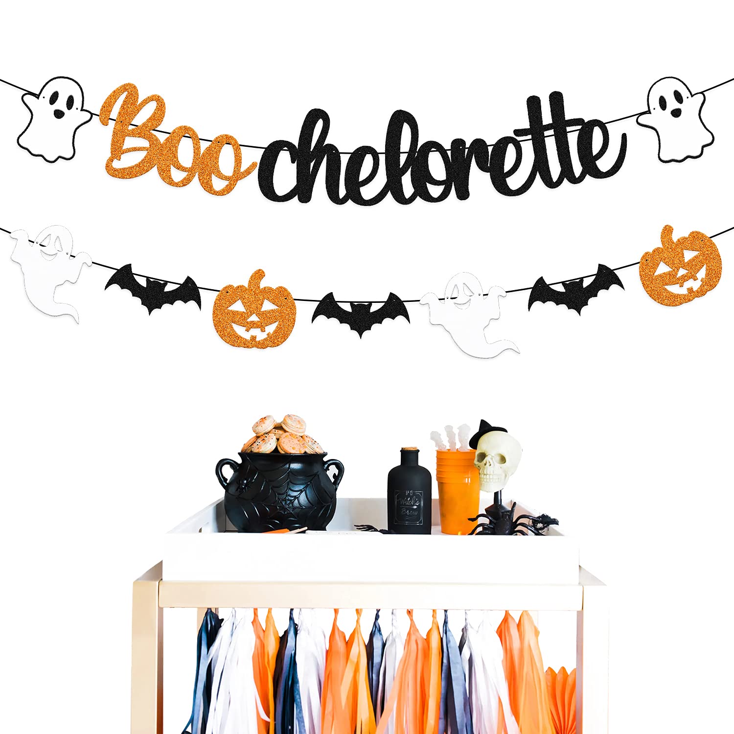 Halloween Boochelorette Banner Ghost Pumpkin Bat Theme for Bachelorette Wedding Bridal Shower Engagement Party Glitter Decorations Supplies