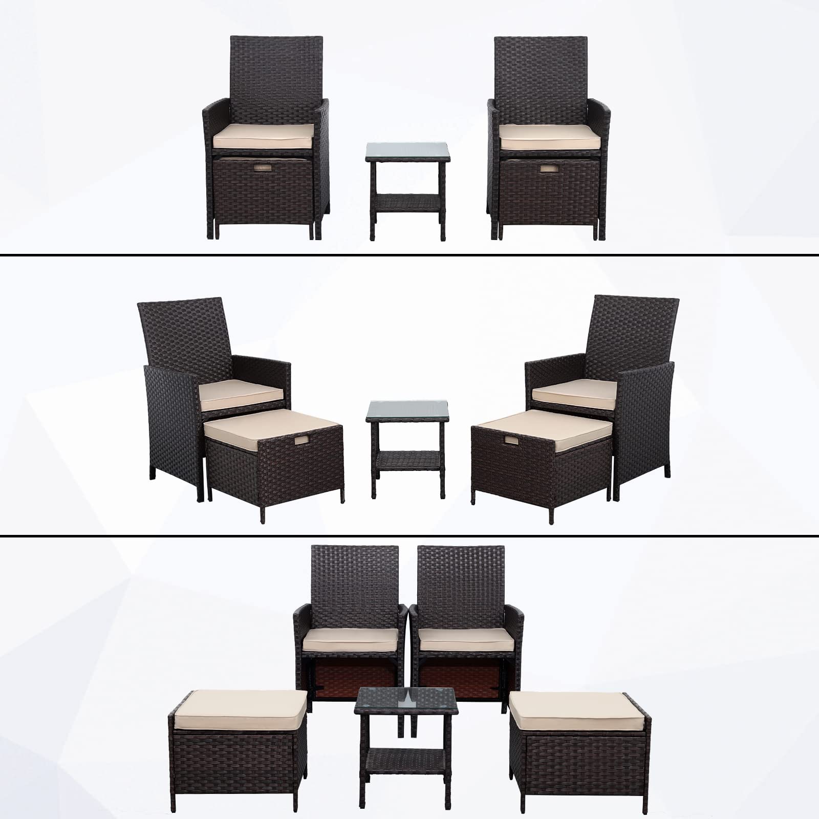 5 Pieces Patio Sectional Conversation Sets Outdoor Wicker Furniture Garden Sofa and Table All Weather Galvanized Steel Frame Khaki Cushions