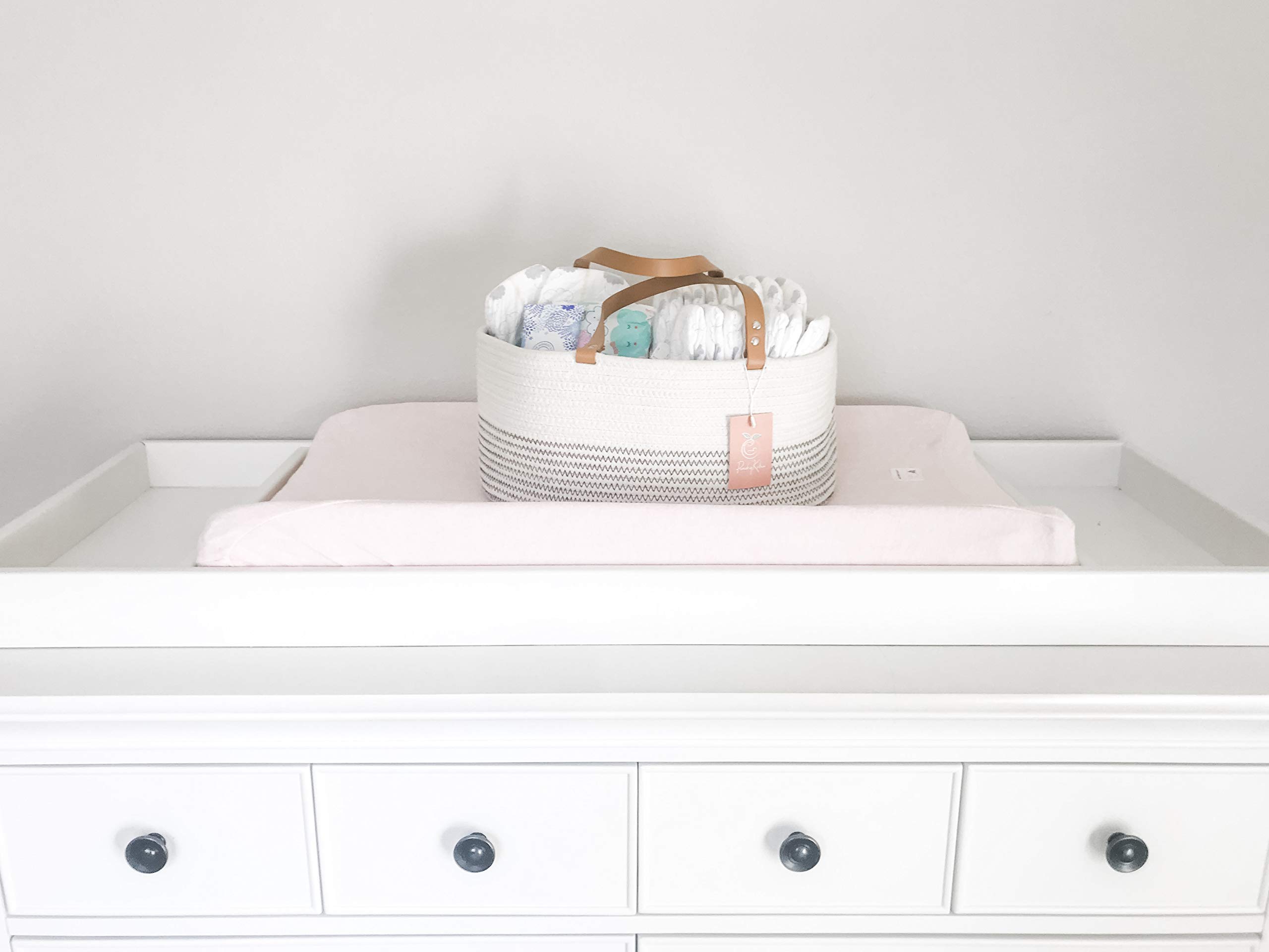 PeachyKehn Rope Baby Diaper Caddy Organizer – Trendy Nursery Storage Bin – Large Woven Cotton Tote with Removable Inserts and Eco Leather Handles – Baby Car Organizer or Shower Gift Basket