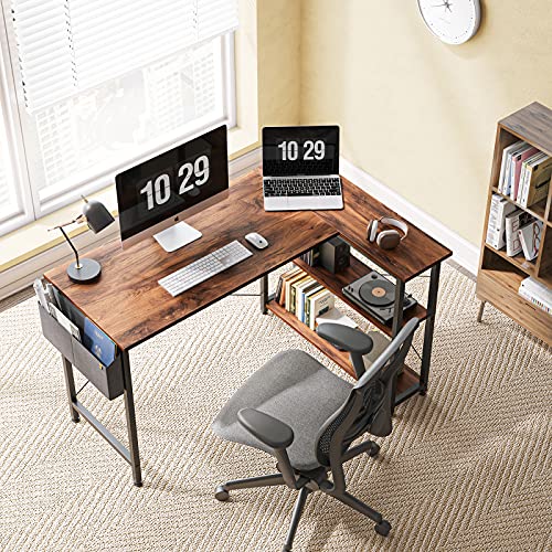 CubiCubi 47 Inch Small L Shaped Computer Desk with Storage Shelves Home Office Corner Desk Study Writing Table, Deep Brown