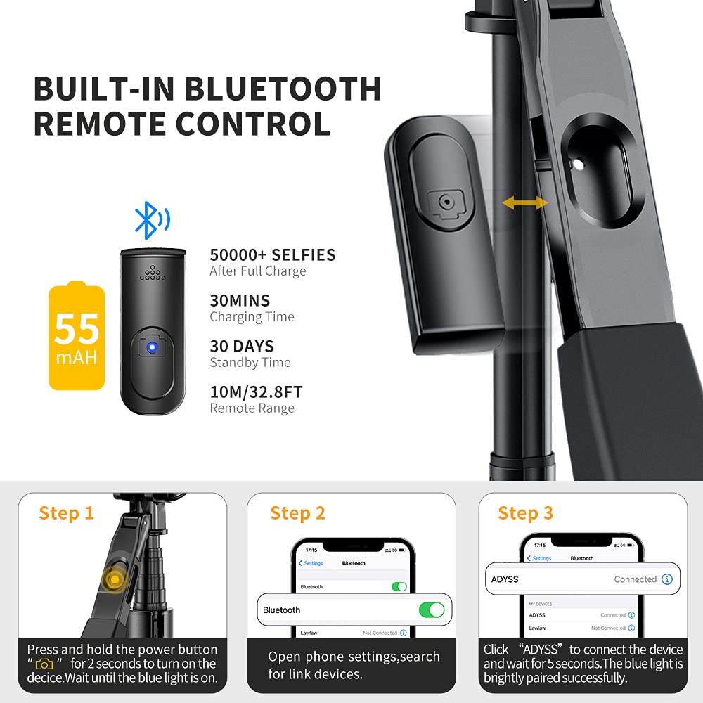 67'' Bluetooth Selfie Stick Phone Tripod, Extendable Travel Tripod Stand with Remote & 360° Rotation Phone Holder for Android iPhone Selfies, Video Recording, Vlogging, Live Streaming