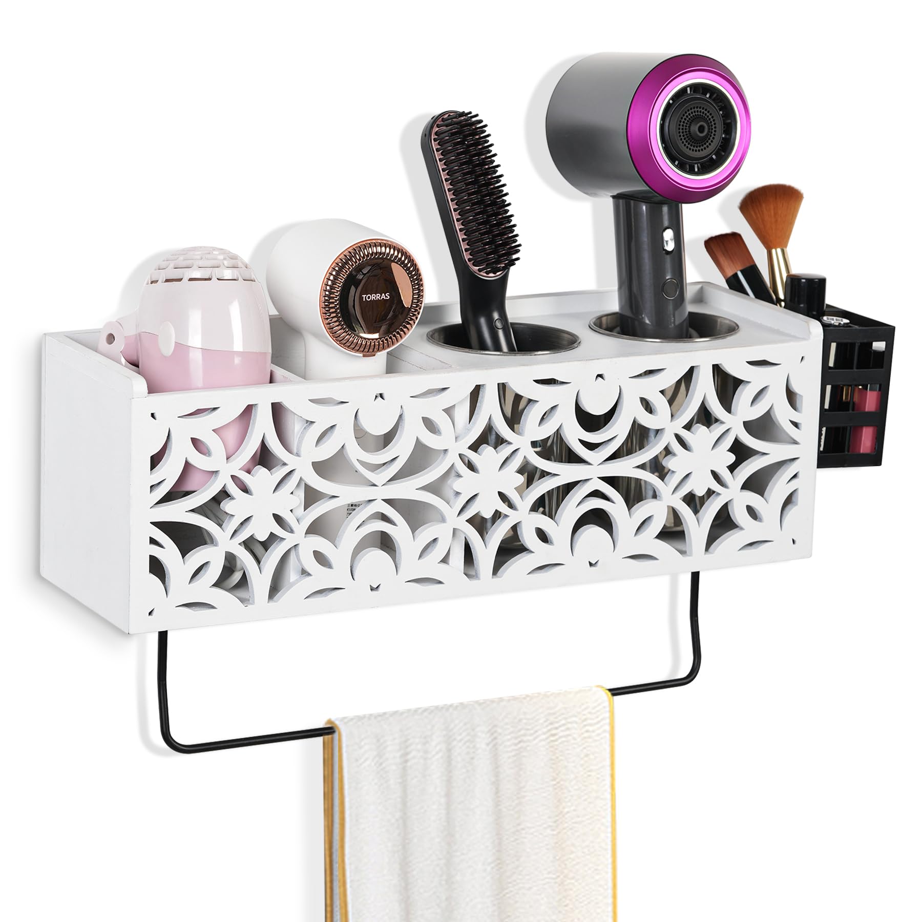 TRSPCWR Hair Tool Organizer Wall Mounted, Hair Dryer and Styling Holder with Towel Bar, Bathroom Blow Dryer Holder with Side Basket, Farmhouse Vanity Caddy Storage Stand for Accessories, Makeup