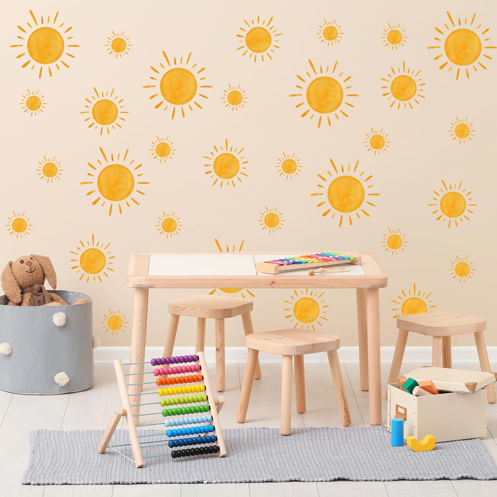 AnyDesign 9 Sheet Boho Sun Wall Stickers Watercolor Sun Wall Decals Yellow Sunshine Removable Self-Adhesive Wall Decorations for Classroom Bedroom Play Room Office Home Art Living Room Decor