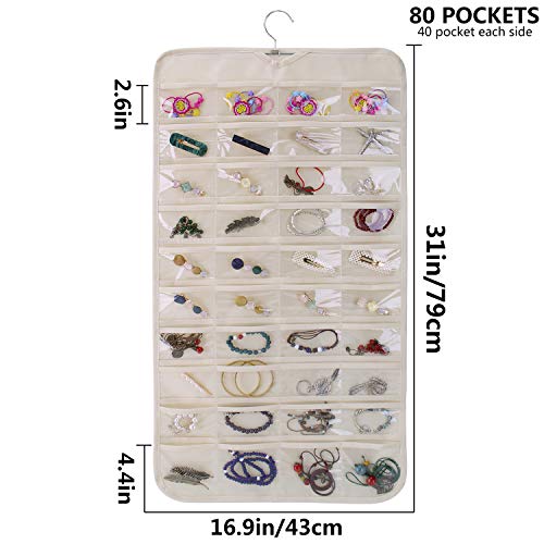 SPIKG Hanging Jewelry Organizer Holder , Storage Bag for Earrings Necklace Bracelet Ring Accessory Display Holder Box (Beige -80 Pockets)