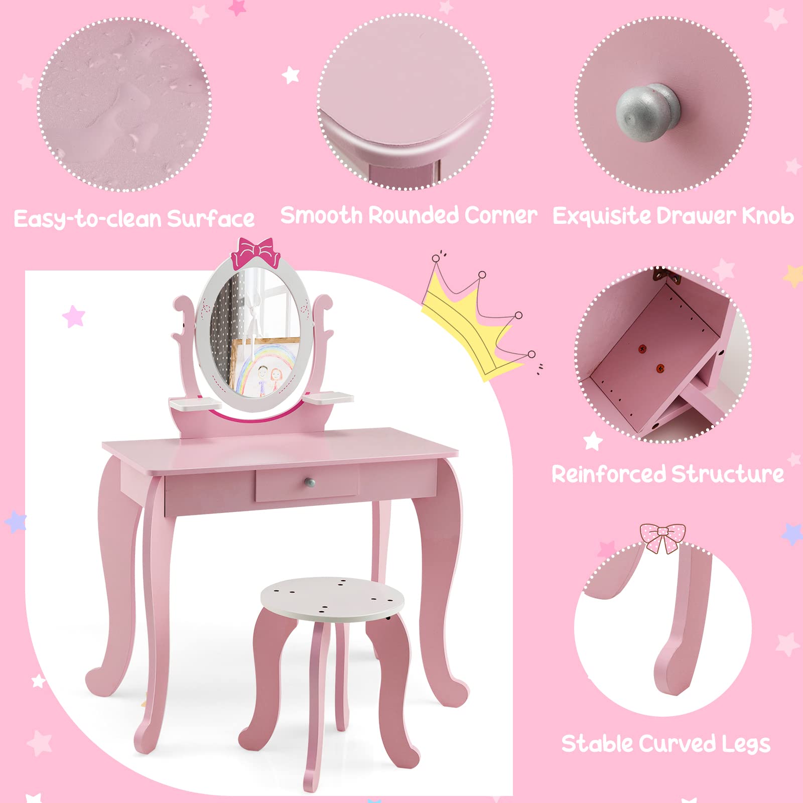 Costzon Kids Vanity Set with Mirror, 2 in 1 Princess Makeup Dressing Table w/Detachable Top, Toddler Vanity with 360° Rotating Mirror, Drawer & Stool, Pretend Play Vanity Set for Little Girls, Pink