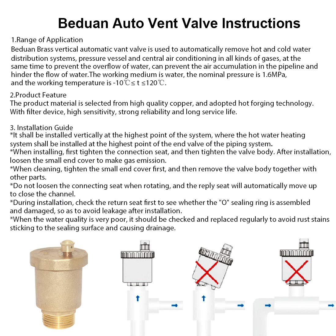 Beduan Brass 10500-VE Automatic Float Valve, 1/2" Male Thread Air Release Valve Air Bleeder Valve Vent Valve