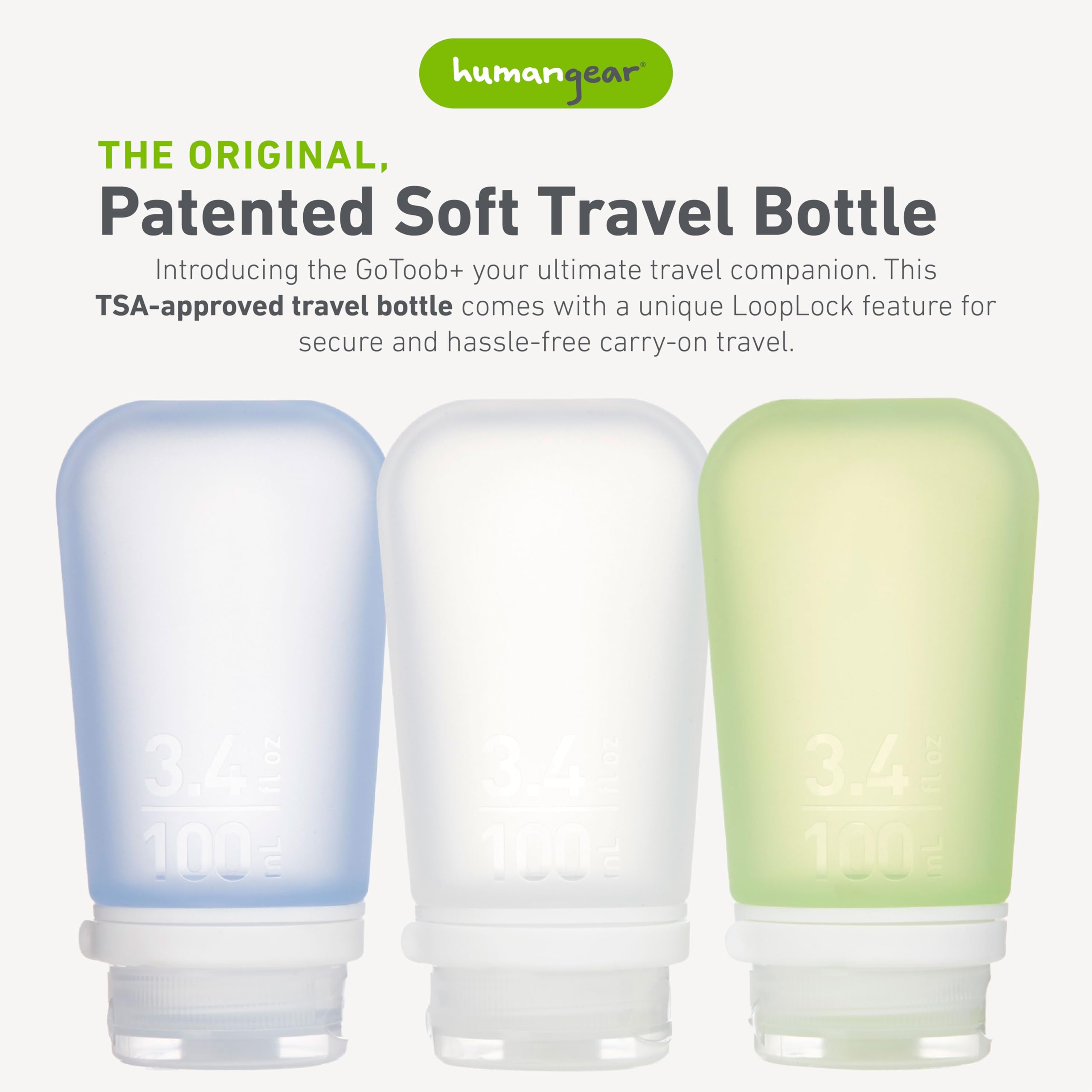 humangear GoToob+ 3-Pack (Large) | Refillable Silicone Travel Bottle | Locking Lid | Food-Safe Material, Clear/Green/Blue, Large (3.4 fl.oz.; 100ml)