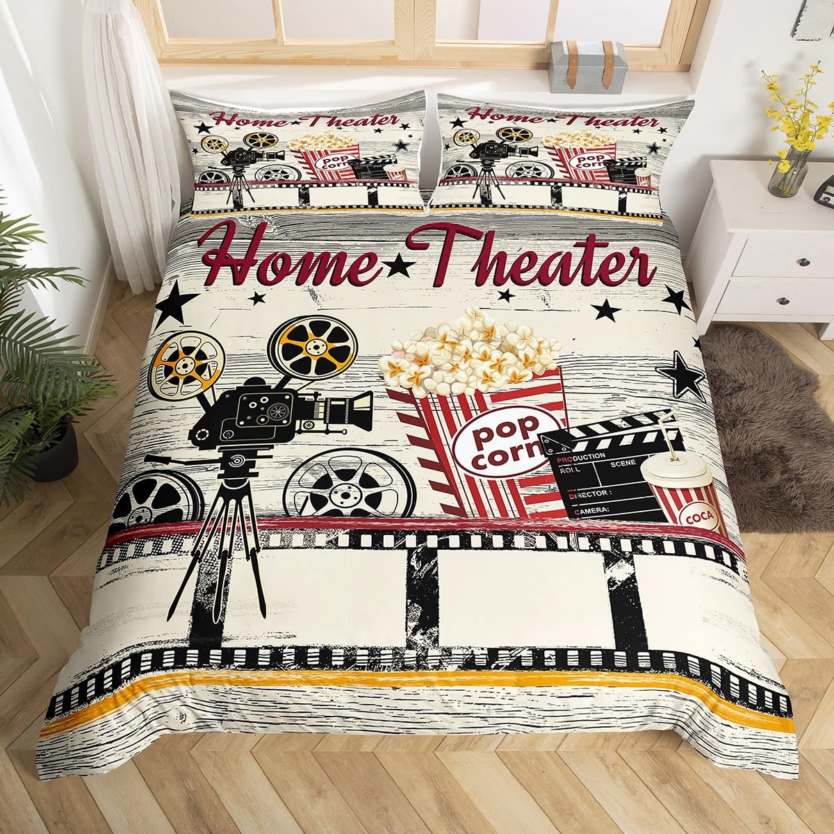 Vintage Cinema Style Bedding Set King for Boys Girls Family Home Theater Decor Duvet Cover Movie Themed Comforter Cover Retro Movie Theater Decor Bedding Movie Night Film Theme Bedspread Cover 3 Pcs