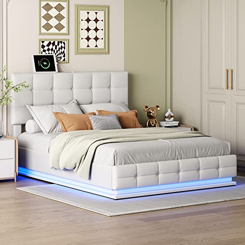 Bellemave Queen Lift Storage Bed with LED Lights and USB Charger, PU Upholstered Queen Platform Bed with Hydraulic Storage System for Kids Teens and Adults, No Box Spring Needed (Queen, White)
