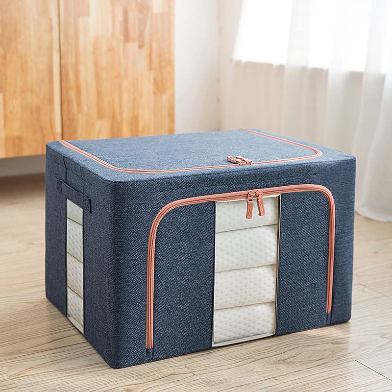Clothes Storage Organizer with Metal Frame (Set of 2), Extra Large 66L | Foldable Storage Bin Boxes with Clear Window | Stackable, Moisture Proof, Dust Proof | Strong Carry Handles for Clothing, Bedding, Blanket, Closet | Clothes Storage (Blue)