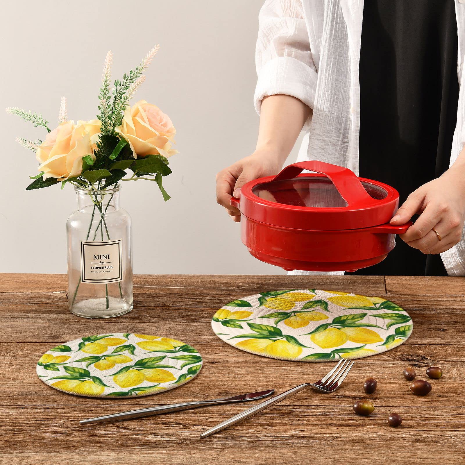 ALAZA Yellow Lemon and Leaves on White PotHolders Trivets Set Cotton Hot Pot Holders Set Farmhouse Coasters,Hot Pads,Hot Mats for Kitchen Counter Decorative