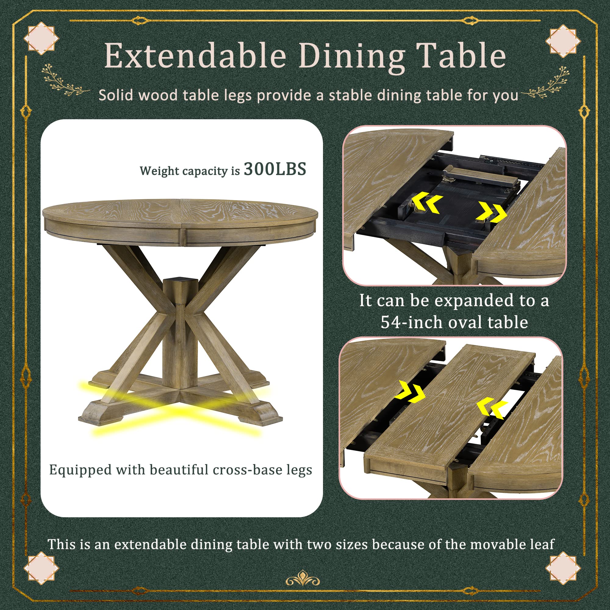 5 Retro Style Piece Extendable Dining Set with Round Table and 4 Upholstered Chairs for Kitchen, Natural Wood Wash