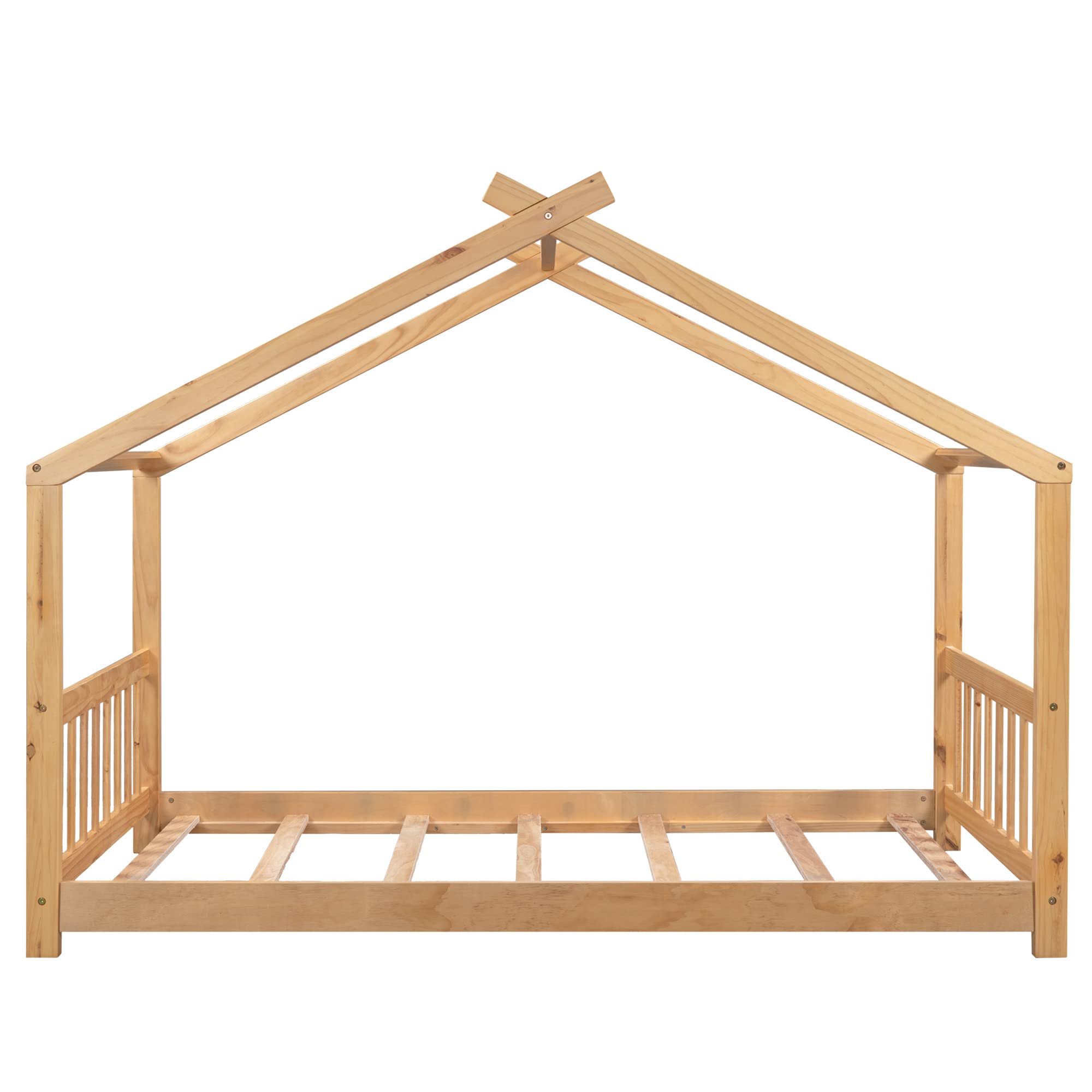 Merax Twin Size Wood House Bed with Roof, Headboard and Footboard, No Box Spring Needed, Natural