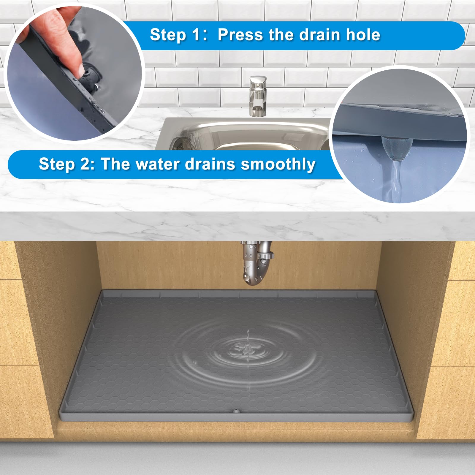 AECHY Under Sink Mat, 34" x 22" Silicone Under Sink Liner, Under Kitchen Sink Mat with Unique Drain Hole Design, Waterproof & Flexible Sink Mats for Kitchen, Bathroom and Laundry Room Gray