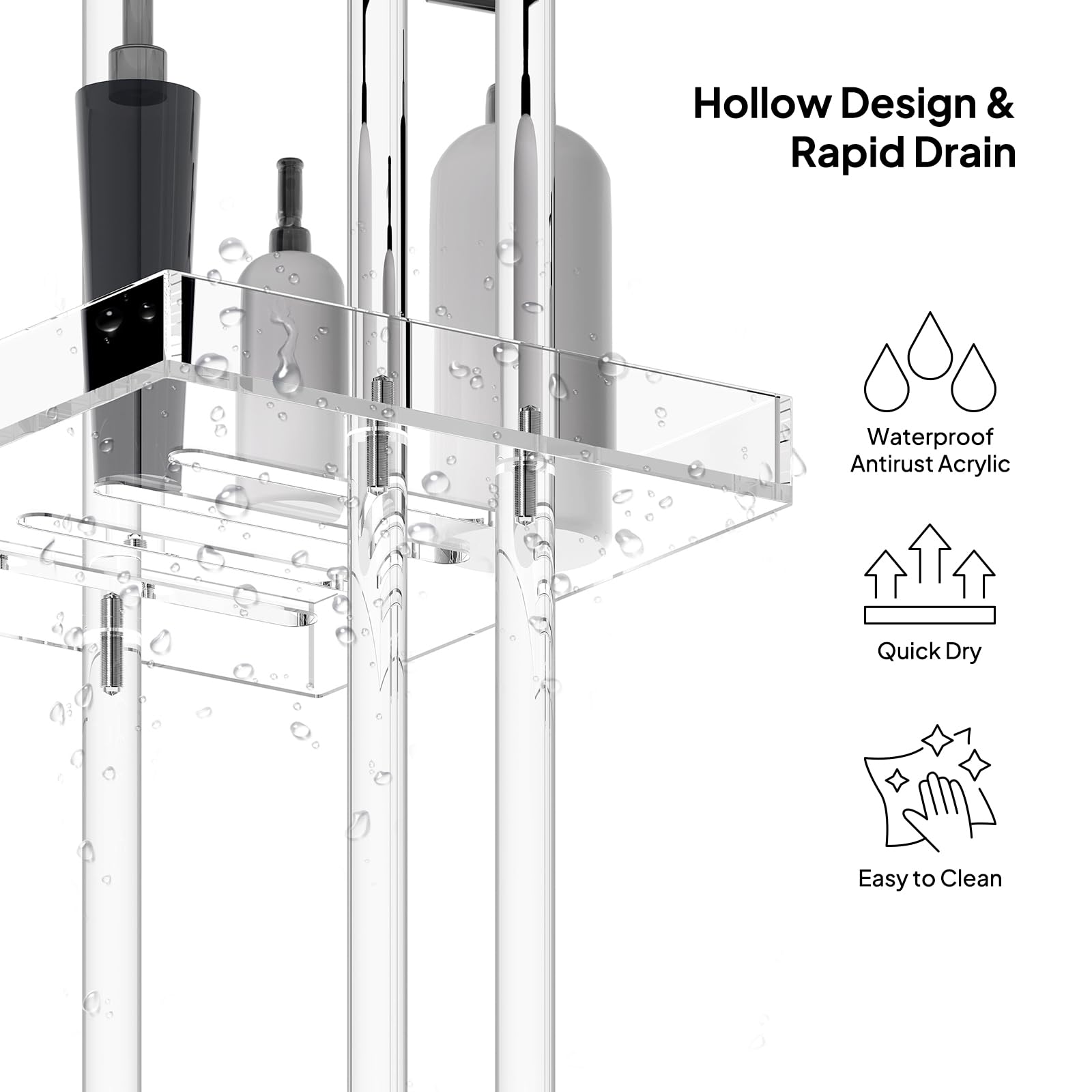 Aquiver Acrylic Standing Shower Caddy - 3 Tier Shower Organizer Stand with Handle - Corner Shower Caddy for Inside Bathroom, Bathtub, 11'' L x 10'' W x 34.6'' H, Clear