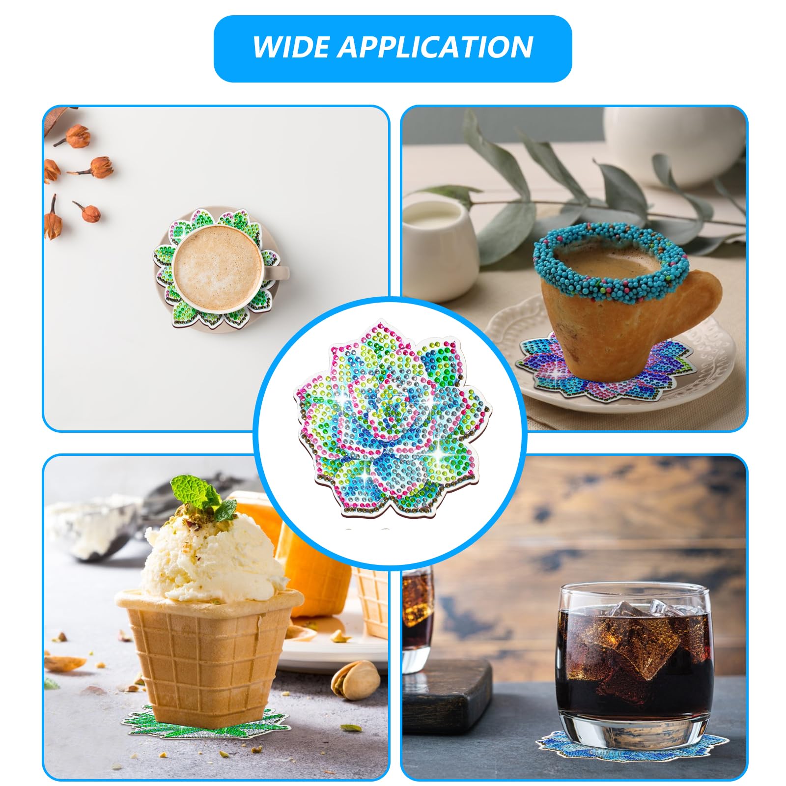 5D Diamond Art Coasters, 6 PCS 5D Plant Diamond Art Painting Coasters Kit, Green Lotus Diamond Anti-Slip Coasters Dining Table Beverage Coasters Crafts for Beginners, Adults, Diamond Art Cup Coasters