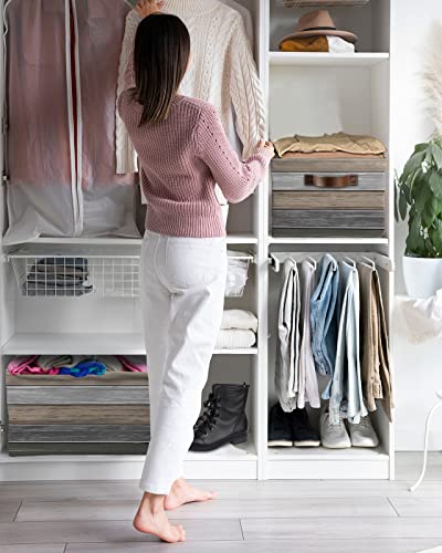 Beige Grey Ombre Storage Bins 1 Pack, Large Waterproof Storage Baskets for Shelves Closet, Brown Farmhouse Retro Wooden Striped Storage Basket Foldable Storage Box Cube Storage Organizer with Handles
