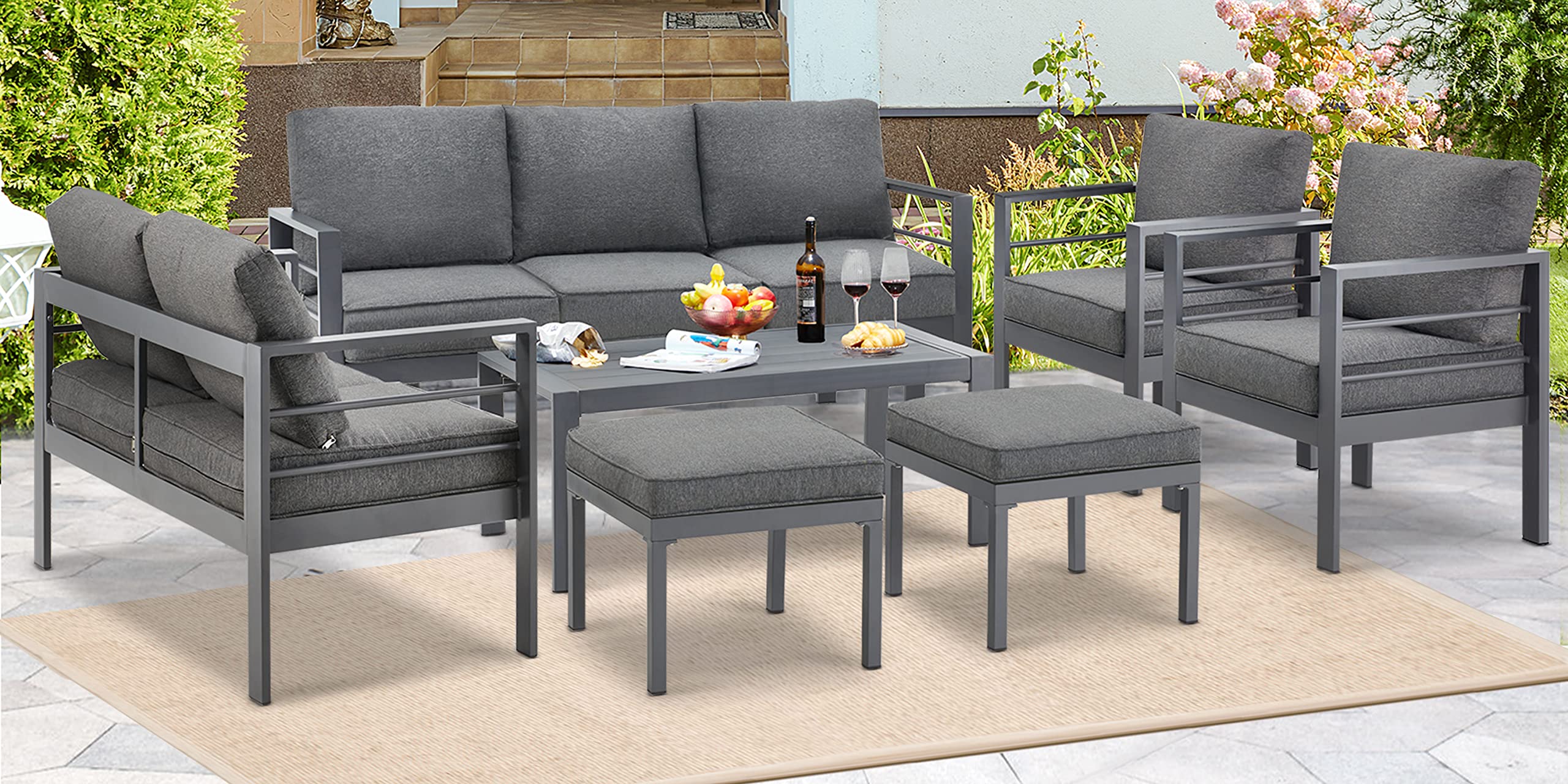 AECOJOY Aluminum Modern Patio Furniture with Coffee Table, 7 Pieces Outdoor Conversation Set with Dark Grey Cushions for Balcony, Porch, Lawn and More