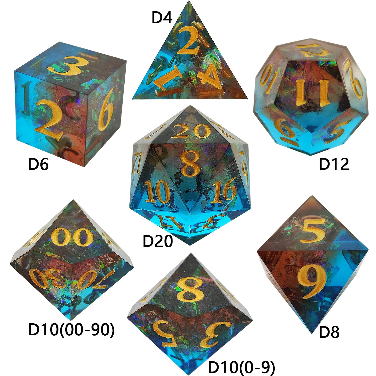 AJKDEUIH DND Dice Set 7pcs D&D Dungeons and Dragons Gifts D20 Polyhedral Sharp Edge Resin Dice Pathfinder RPG MTG Role Playing D and D Table Games Accessories with Black Storage Bag-Brown Blue