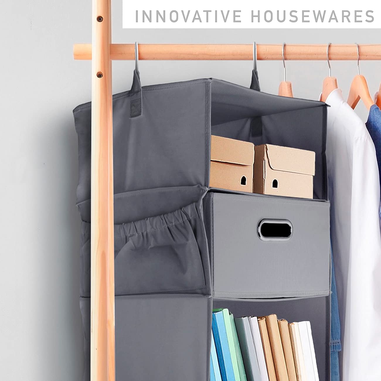 Closet Organizer Hanging Shelves, 6 Shelf Closet Storage with 5 Storage Drawers & Purpose Made Pockets, Jewelry Shoe Organizer Drawer Organizers, Perfect for Organization and Storage (Dark Grey)