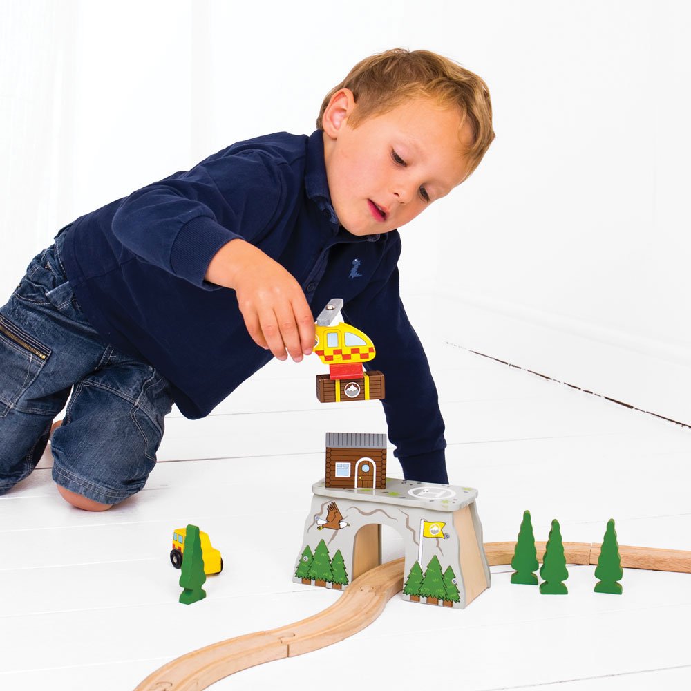 Bigjigs Rail Mountain Rescue Playset with Helicopter, Car, Log Cabin & Crate