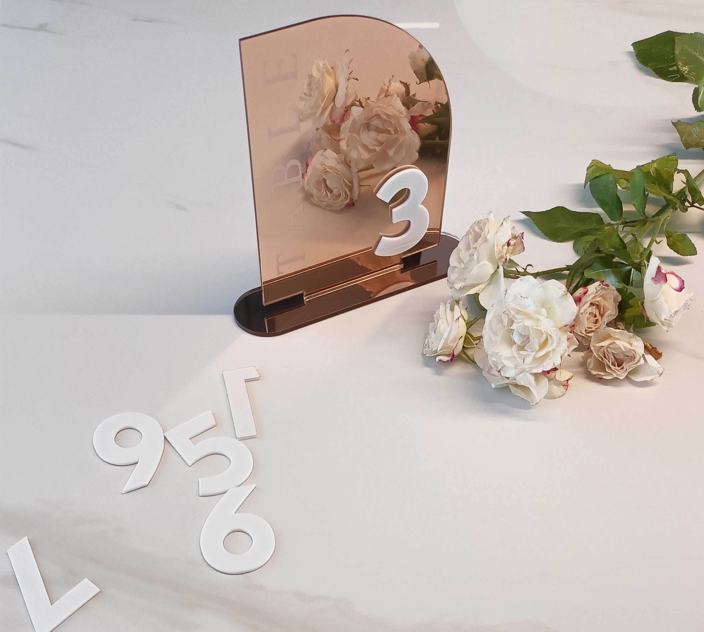 Acrylic Wedding Table Numbers,Semi-Arched Mirrored Acrylic Table Numbers for Centerpiece, Reception, Decoration, Party, Anniversary, Event (Number 1-15, Rose Gold Mirror)