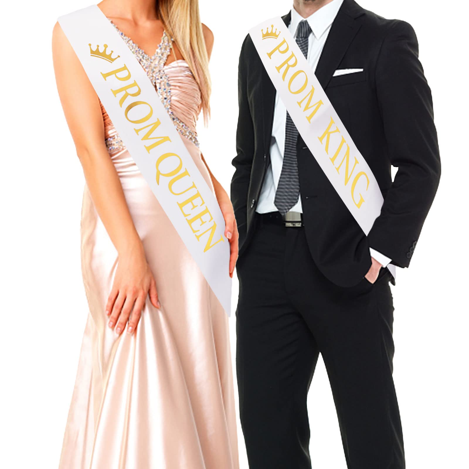 BAHABY Prom King and Prom Queen Satin Sash - Graduation Party School Party Accessories Bachelorette Party Wedding Bridal Shower Party Favors, White with Gold Print