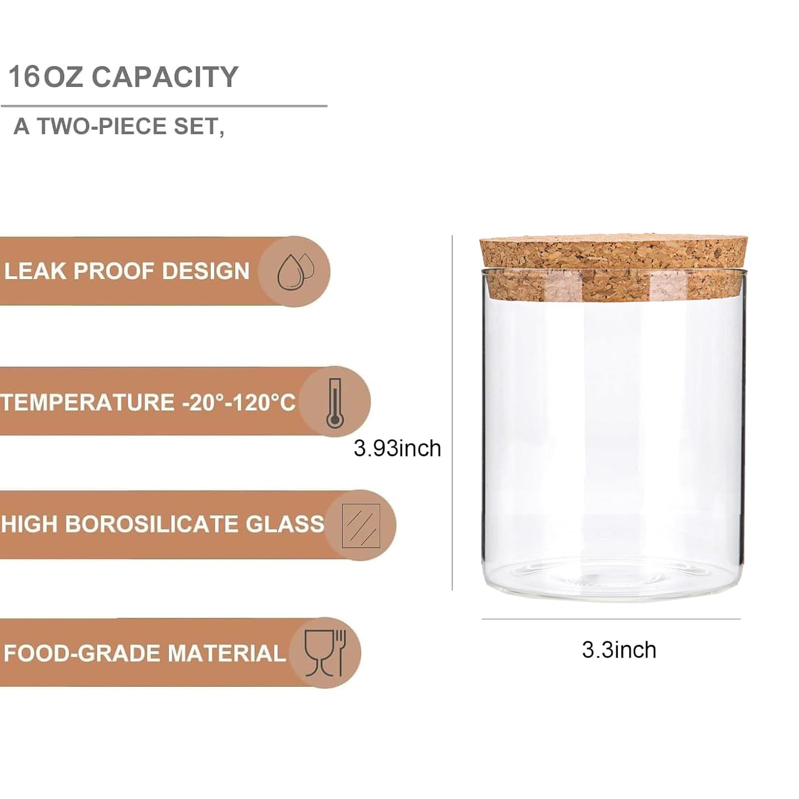 DNIENKGE Airtight Glass Storage Containers with cork Lid, for Kitchen Pantry Organization and Storage jar,Ideal for Coffee Beans Snacks Flour Cereal Sugar Tea 16oz. (Circular 3.9 * 3.3in*2pcs)