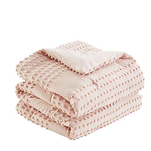 Comfort Spaces 100% Comforter Set Cotton Jacquard Pom Tufts Design Hypoallergenic Down Alternative, All Season Modern Bedding, Matching Shams, Full/Queen, Phillips, Blush