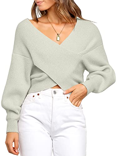 ANRABESS Women’s 2022 Fall Fashion Long Sleeve Off Shoulder Crissover V Neck Knit Cropped Sweater Top 641qianhui-S Gray