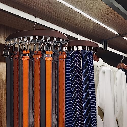 Belt Hanger Organizer, Upgraded Tie and Belt Organizer, 20 Hooks Wooden Belt Rack for Storage, 360°Rotating Space Save Belts Organizer for Tie, Tank Top, Scarf, Stored Up to 60 Belts-Red