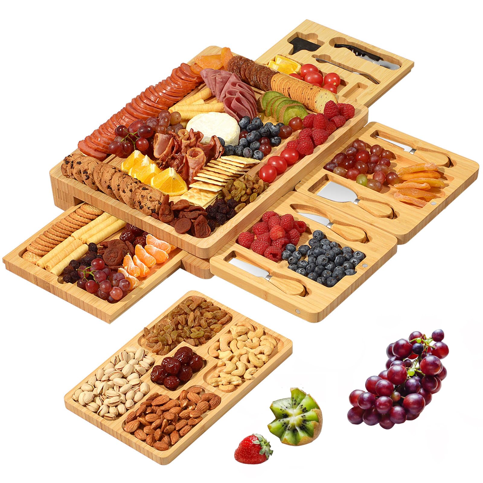Large Charcuterie Boards Set for Cheese - Bamboo Cheese Board and Knife Set with Extra Cheese Platter, Charcuterie Board Cheeseboard Cheese Plate for Christmas Wedding Housewarming Gifts