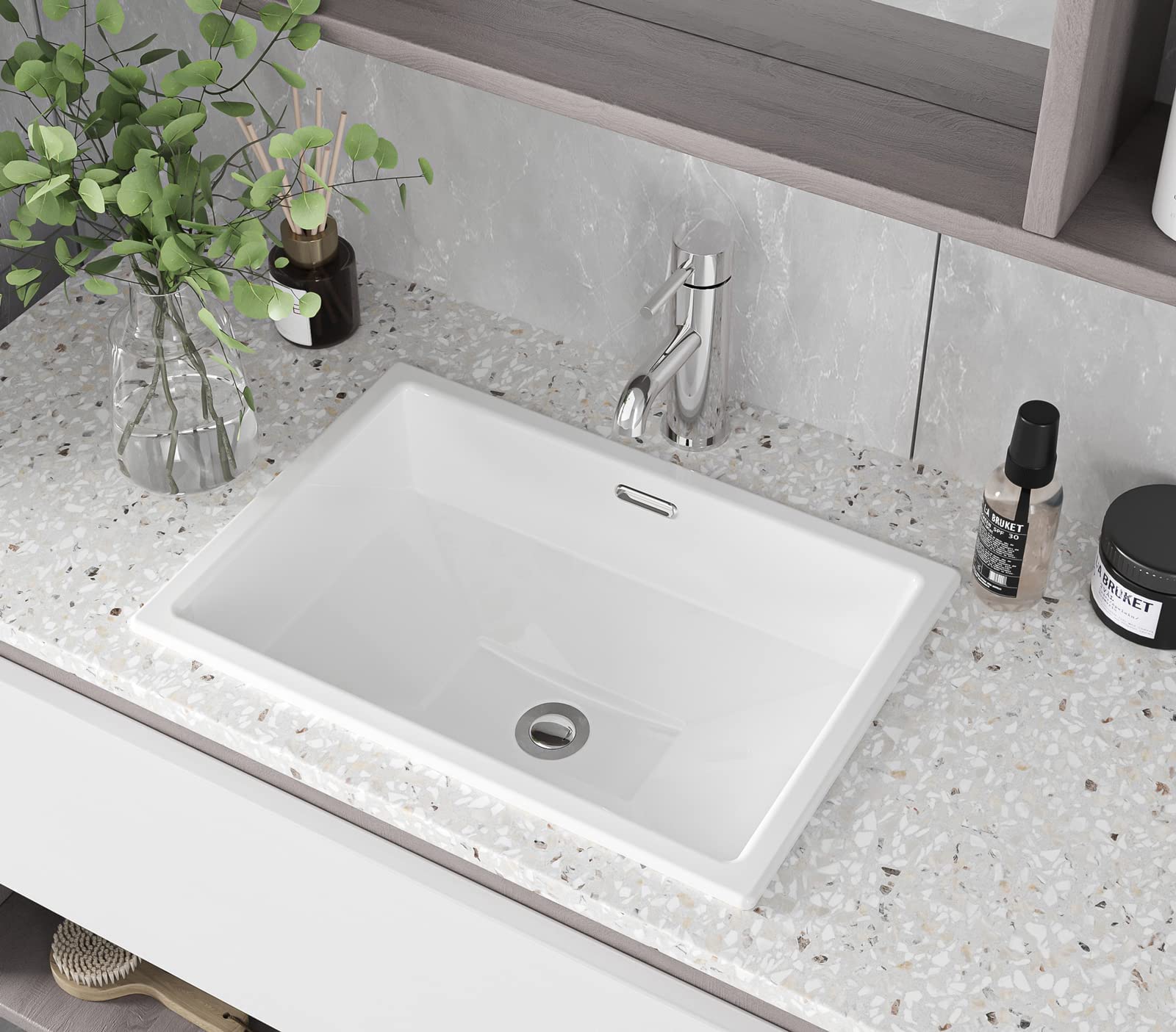 AMASHEN 20.5" x 14.4" Self-rimming Bathroom Sink Undermount or Drop-in Ceramic Vanity Basin with Overflow