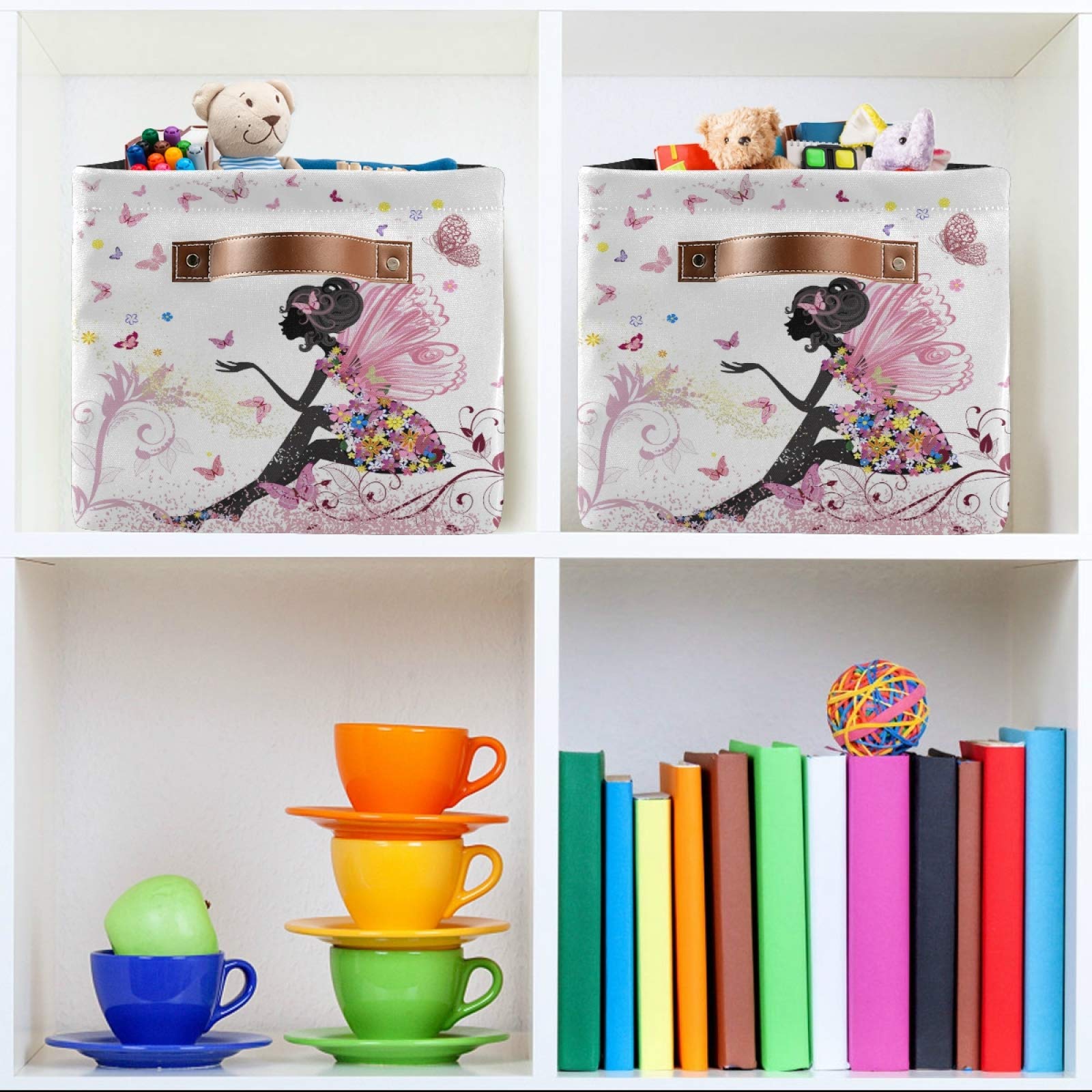 ALAZA Decorative Basket Rectangular Storage Bin, Flower Fairy in The Environment of Butterflies Organizer Basket with Leather Handles for Home Office