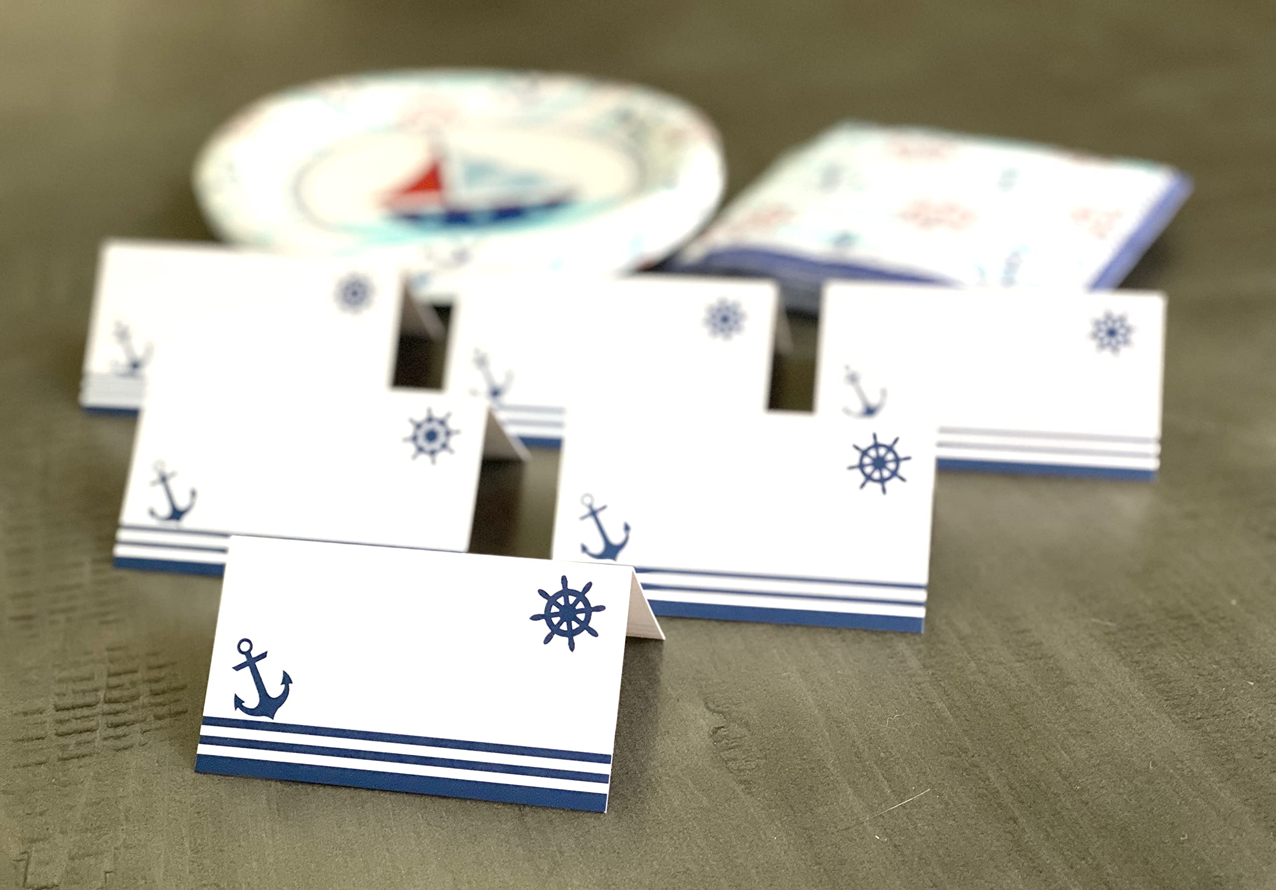 Nautical Place Cards - 25 Pack - Nautical Food Cards. Blue Anchor and Captain’s Wheel over Stripes Design, for Dinner Parties, Banquets, Cocktail Parties, Buffet. 2” x 3.5”. Scored for Folding.