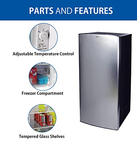 Koolatron Stainless Steel Compact Fridge with Freezer, 6.2 cu ft (176L), Silver/Black, Space-Saving Flat Back, 0.9 cu ft (25.5L) Freezer, Tempered Glass Shelves, Basement, Office, Cottage, Home Bar